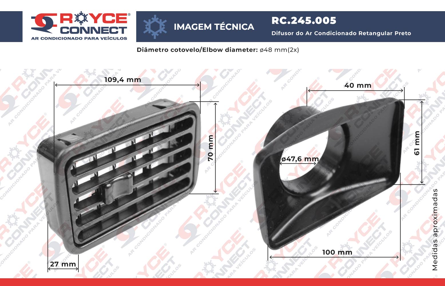 Difusor do Ar Condicionado Retangular Com Bocal e Cotovelo de 2 Polegadas Cor Preto - Royce Connect