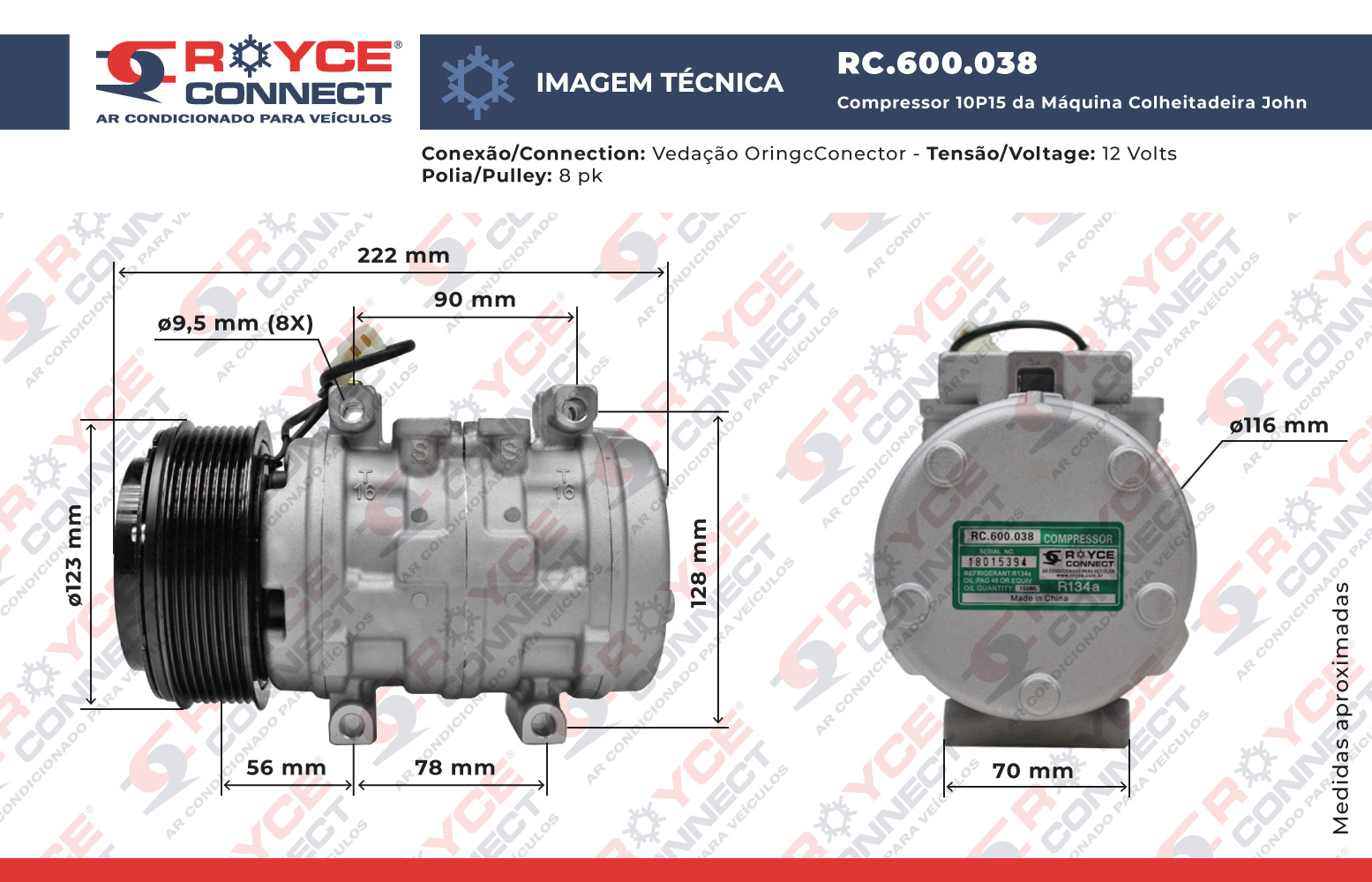 Compressor 10P15 Máquina Colheitadeira John Deere CB2500H - 12 Volts ...