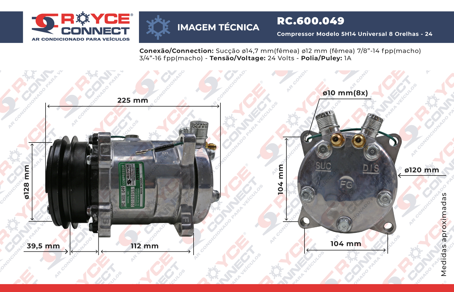 Compressor Modelo 5H14 Universal 8 Orelhas - 24 Volts Polia Canal 1A ...