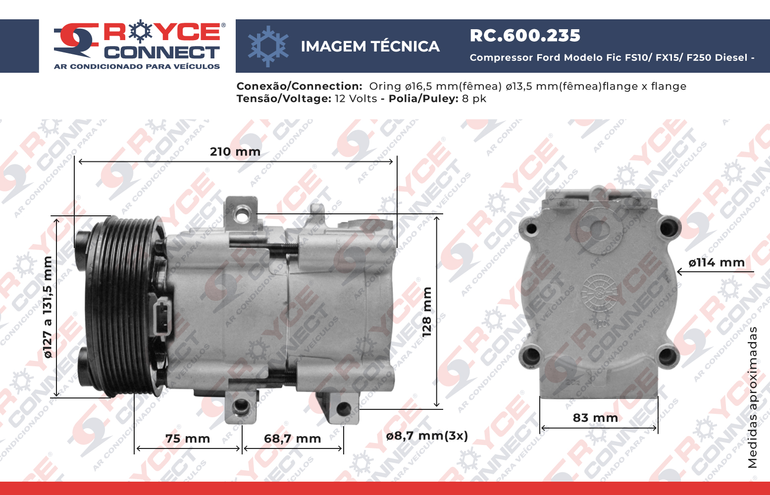 Compressor Ford Modelo Fic FS10/ FX15/ F250 Diesel - 12 Volts Polia 8pk ...