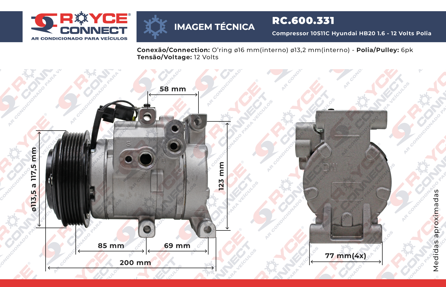 Compressor 10S11C Hyundai HB20 1.6 - 12 Volts Polia 6pk 117mm - Royce ...