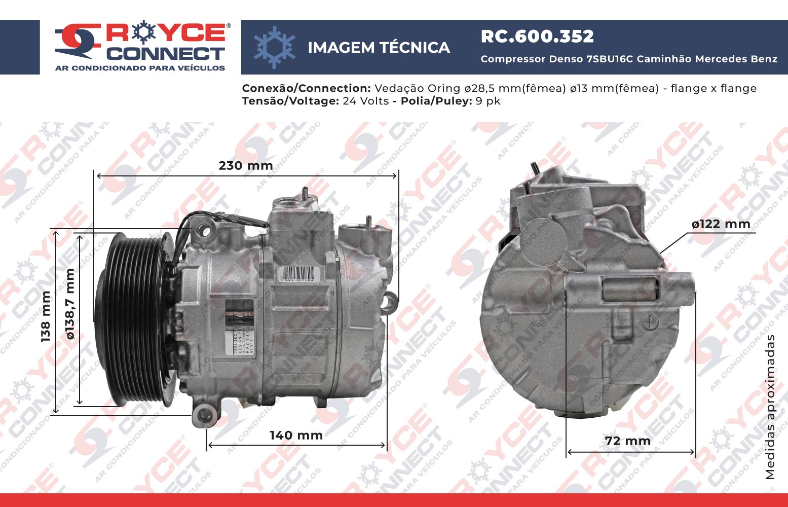 Compressor Denso 7SBU16C Caminhão Mercedes Benz Actros - 24 Volts Polia ...