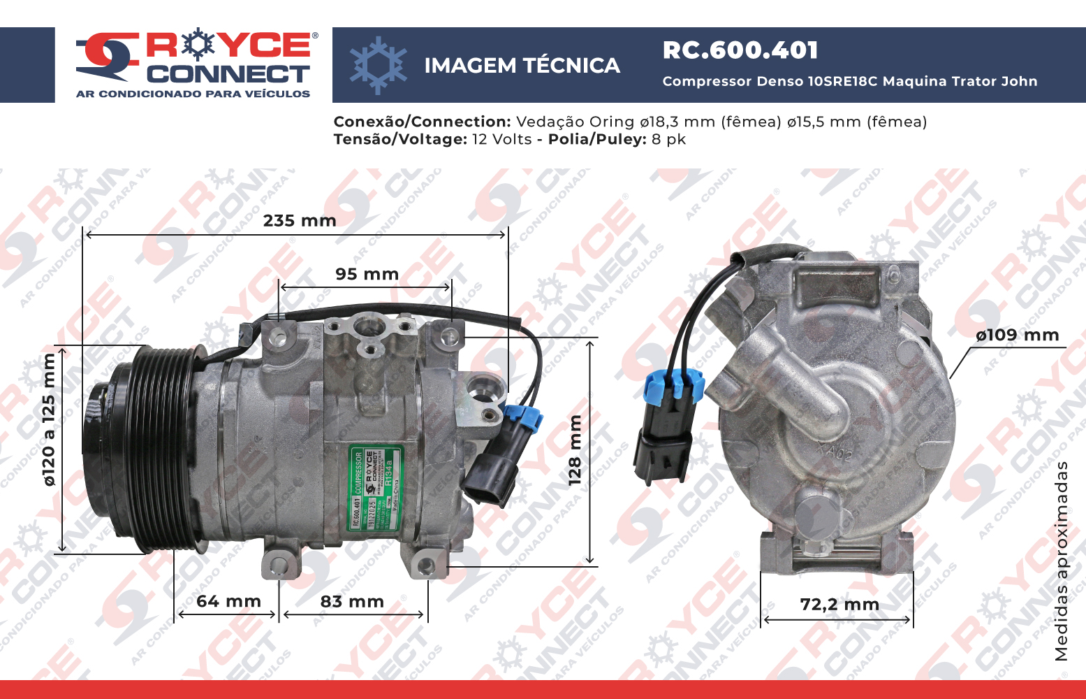 Compressor Modelo Denso 10SRE18C Máquina Trator John Deere 5078E - 12 ...
