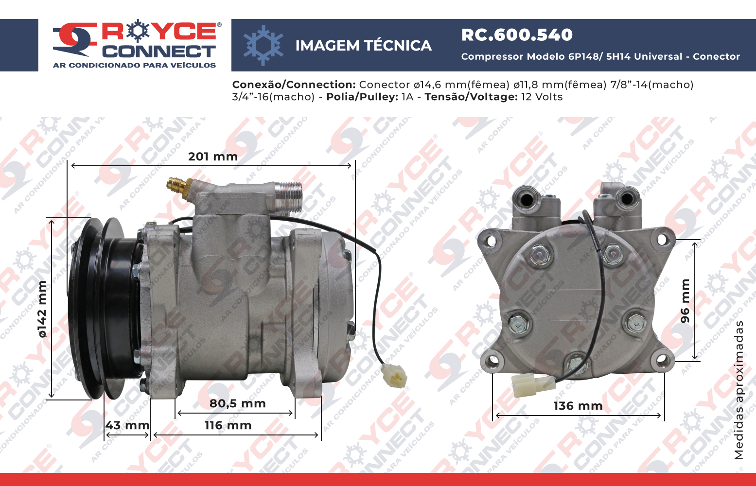 Compressor Modelo 6P148/ 5H14 Universal com Conector - 12 Volts Polia ...