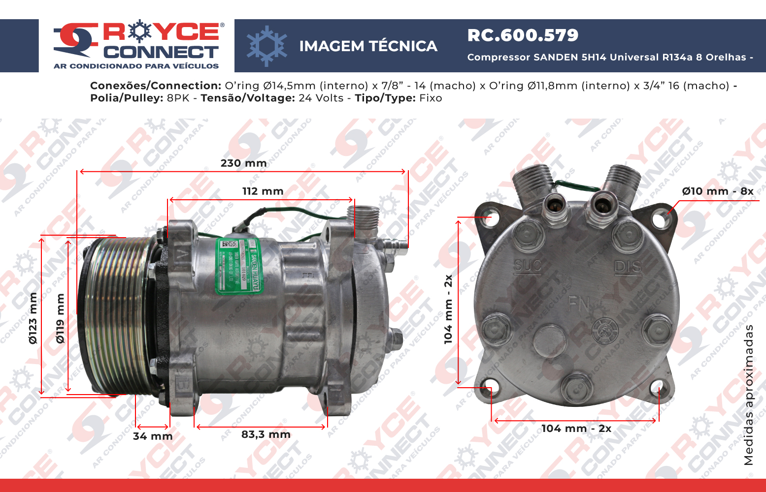 Compressor SANDEN 5H14 Universal R134a 8 Orelhas - 24 Volts Polia 8pk ...
